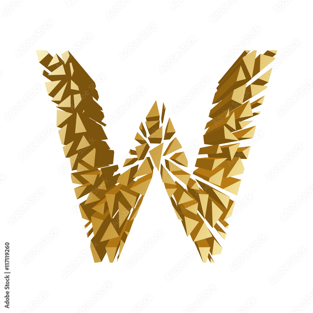 The letter W, in the alphabet broken 3d perspective set gold color ...
