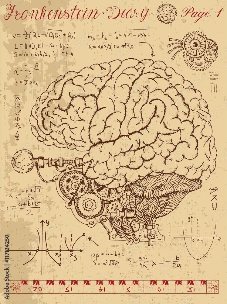 Frankenstein Diary with mechanical human brain, eye and formulas vector ...