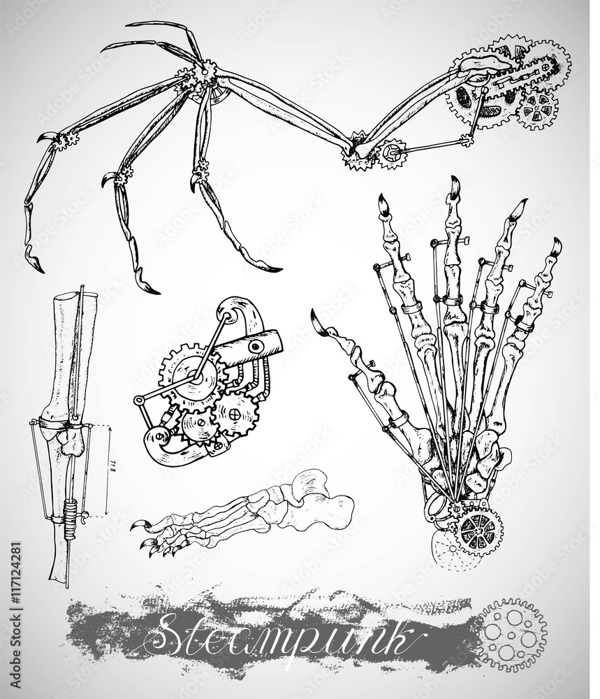 Fantasy monster wing, leg and hand with vintage mechanism in steampunk ...