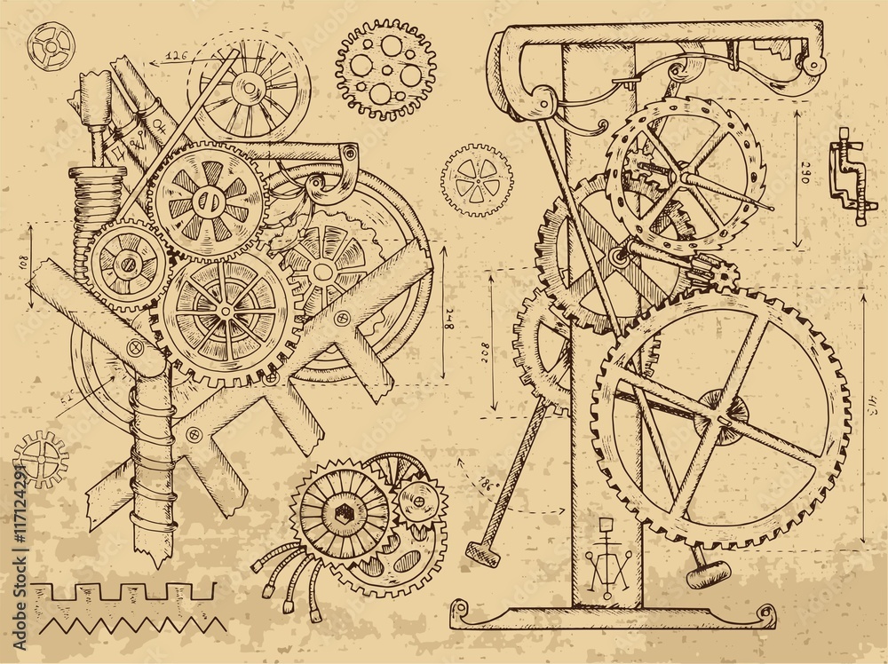 Poster Old mechanisms and machines in steampunk style – Wall Art ...