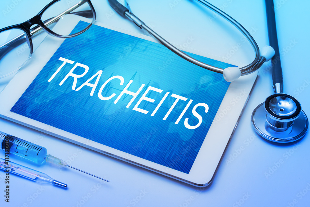 Tracheitis word on tablet screen with medical equipment on background ...