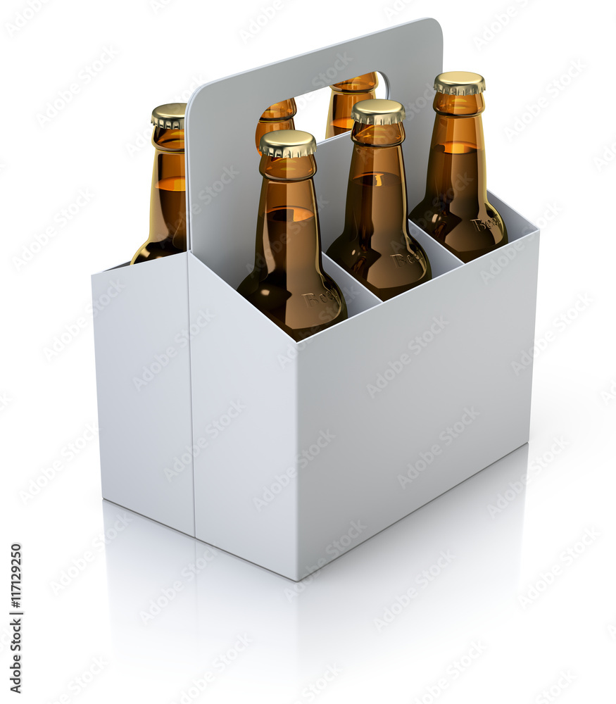 Six red bottles of beer in white carton packaging Stock Illustration ...