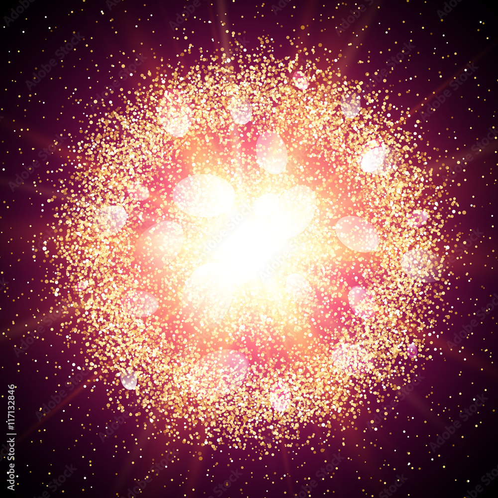 Abstract explosion with gold glittering elements. Burst of glowing star ...