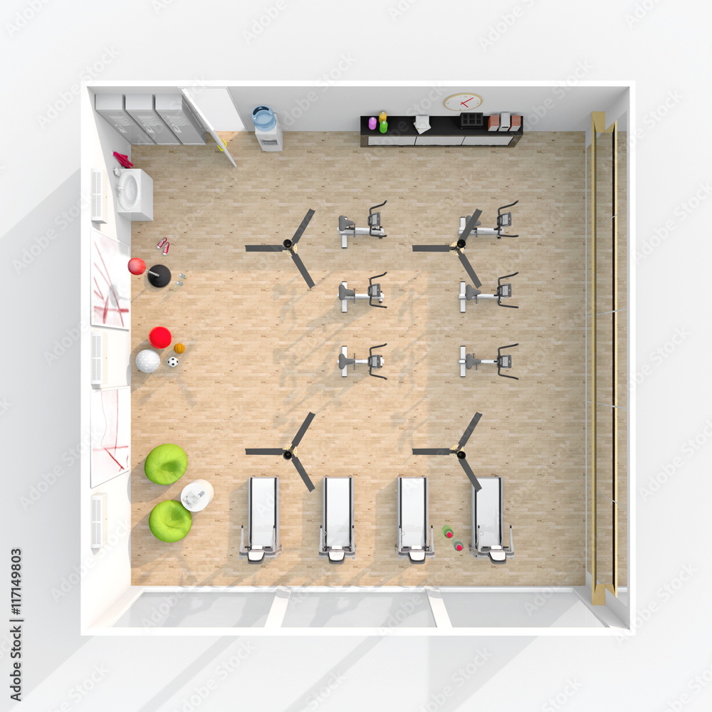 3d interior rendering plan view of furnished gym Stock Illustration ...