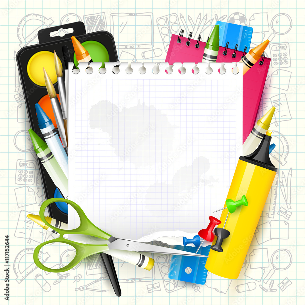 School background with school supplies Stock Vector | Adobe Stock
