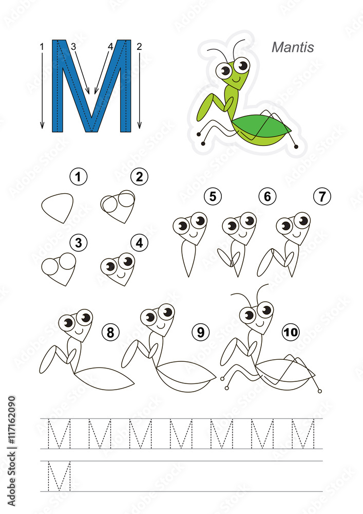 Drawing tutorial. Game for letter M. Funny Mantis. Stock Vector | Adobe ...