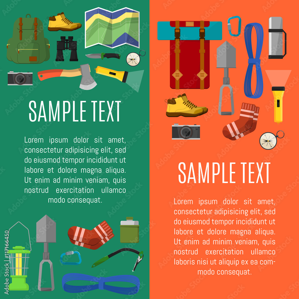 Camping and hiking symbols and icons on banners set flat vector ...