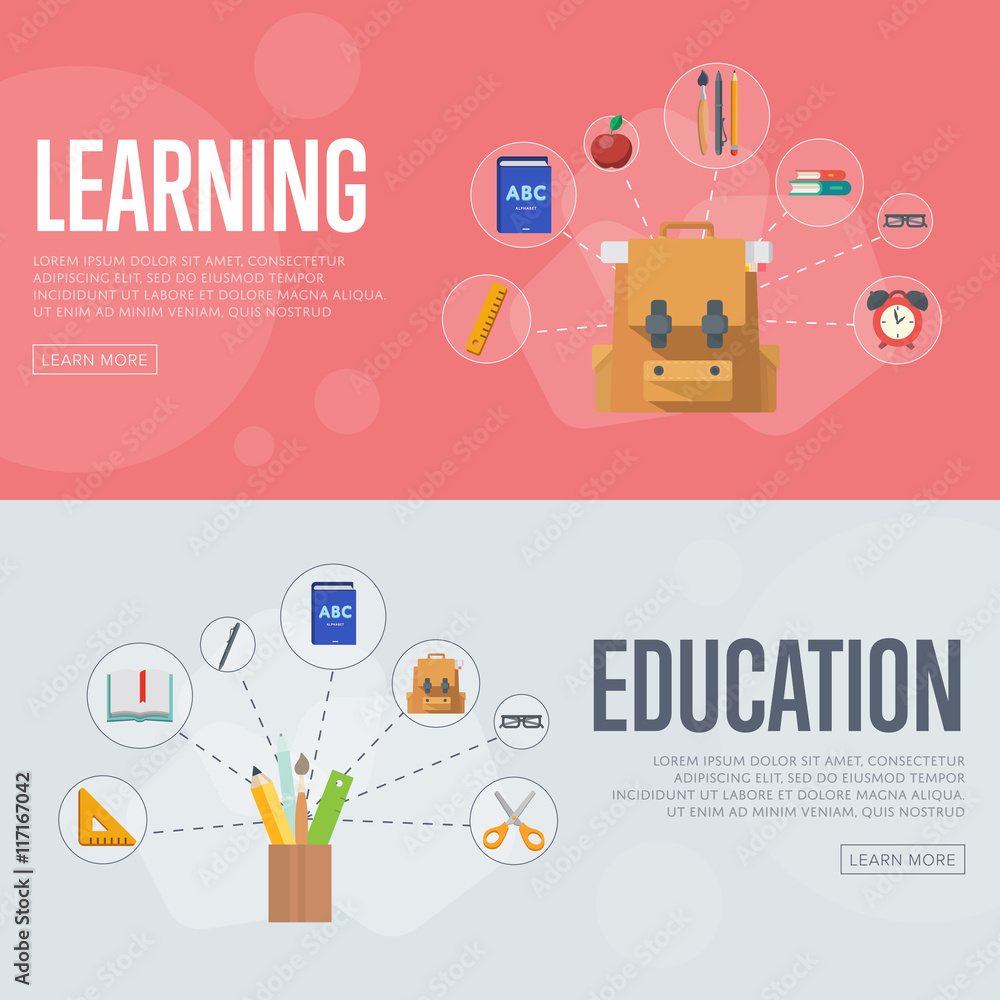 Banners of education and learning infographics concept icons background ...
