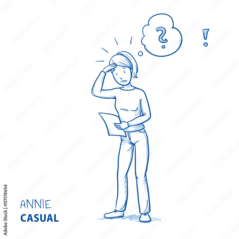 Confused young woman in casual clothes holding a letter or document ...