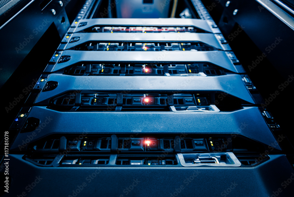 Computer Server mount on rack in data center room with red lighting ...