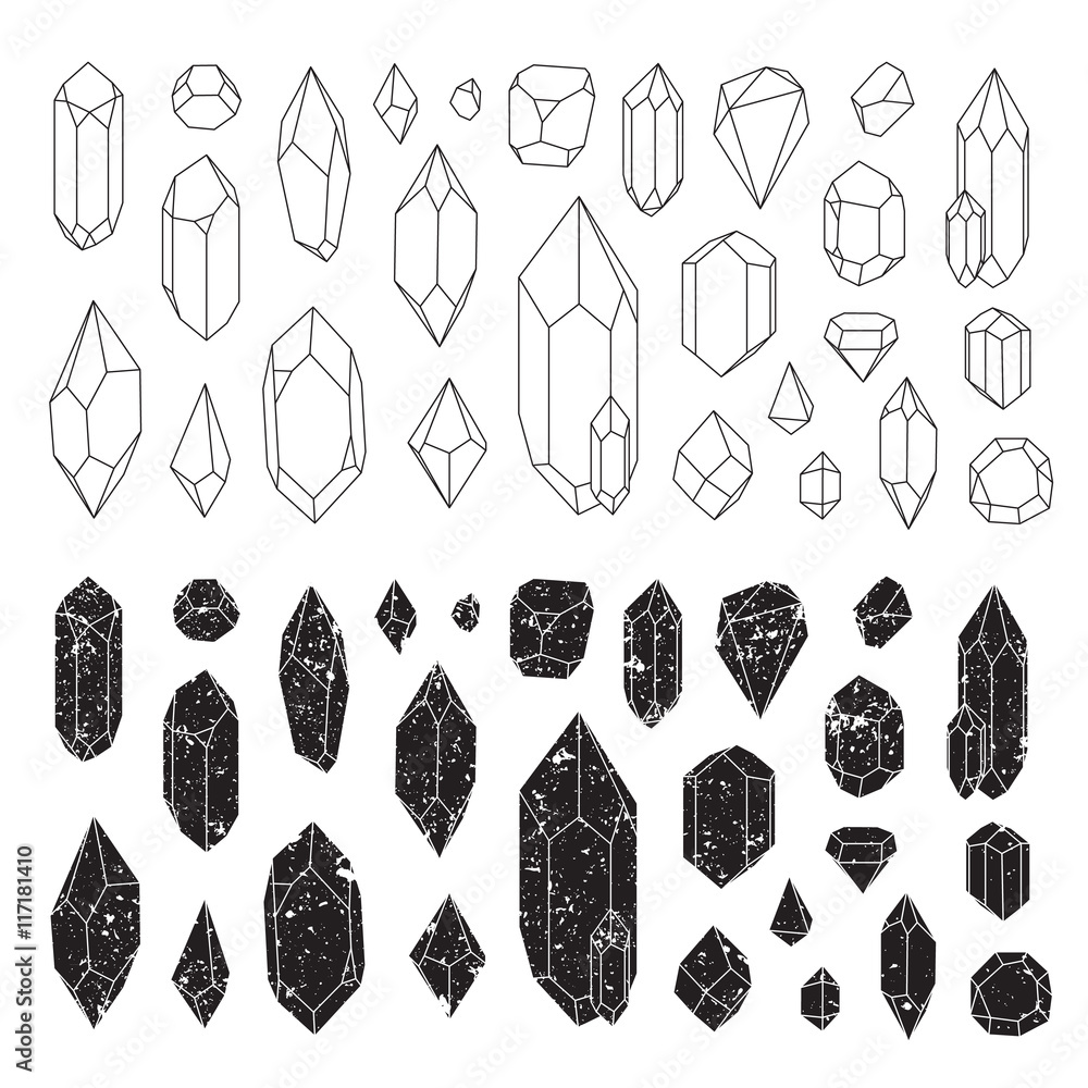 Set of geometric crystals, line design. Isolated on white background ...