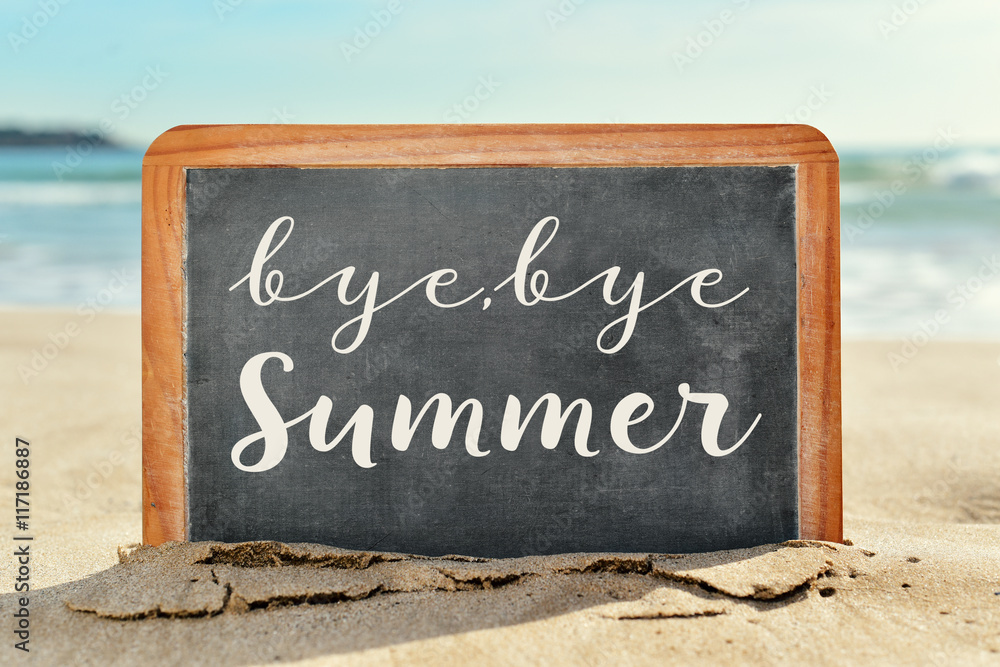 text bye, bye summer in a chalkboard on the beach Stock-Foto | Adobe Stock