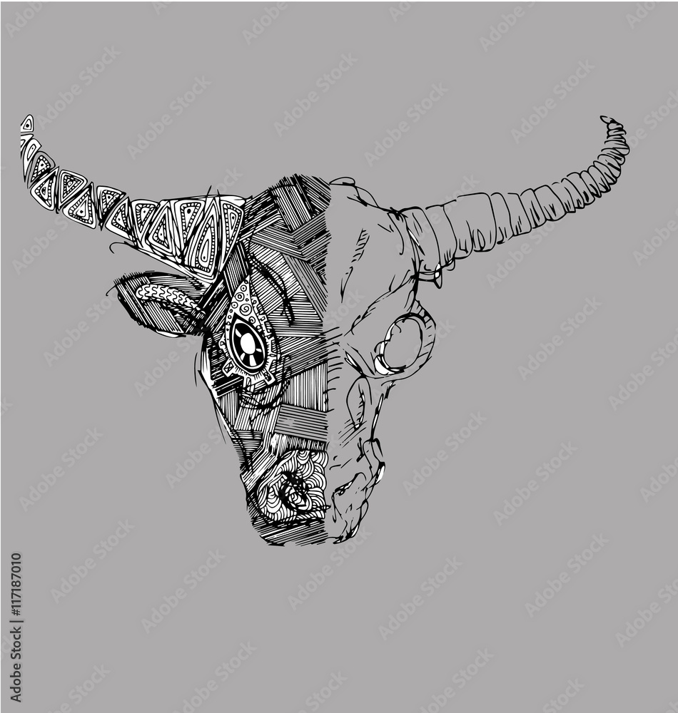 the half bull animal with wool and half only skeleton hand drawn black ...