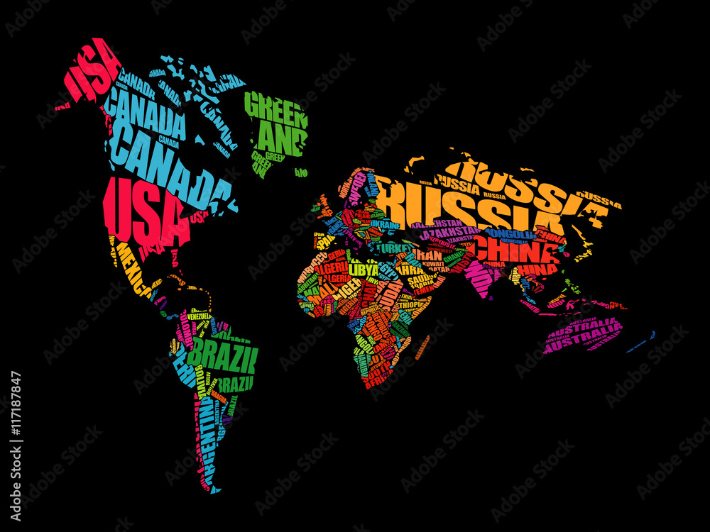 World Map Typography in perspective, word cloud concept, names of ...