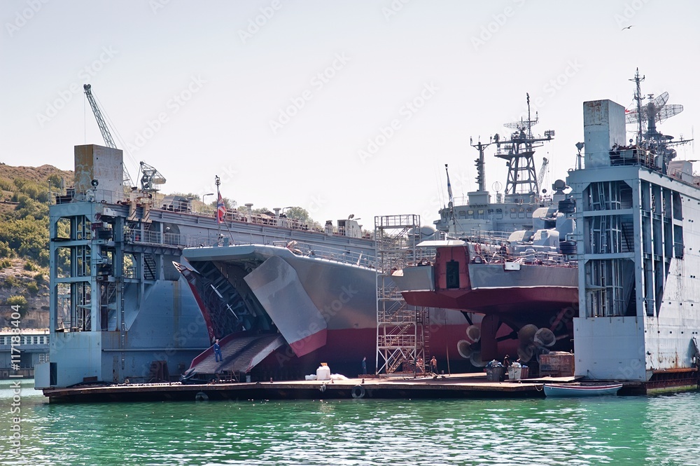 Floating dry dock with two Russian landing crafts. Stock Photo | Adobe ...
