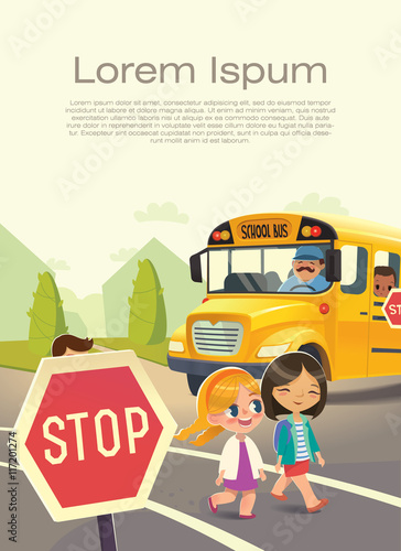 School bus stop. Back To School Safety Concept. Kids riding on school ...