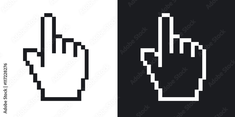 Vector pixelated hand cursor. Two-tone version on black and white ...