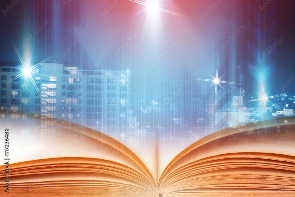 Open book with blue abstract technology background Stock Photo | Adobe ...