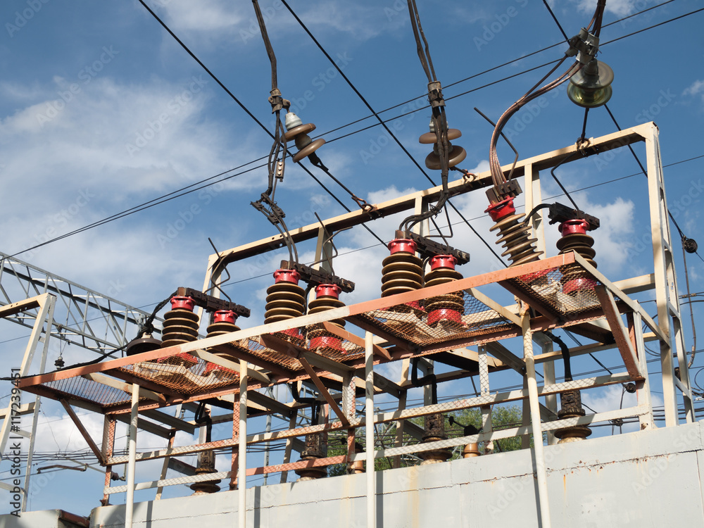 Poster Substation railroad, ceramic and glass insulators with wires ...