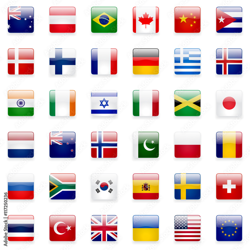 World flags vector collection. 36 high quality square glossy icons ...