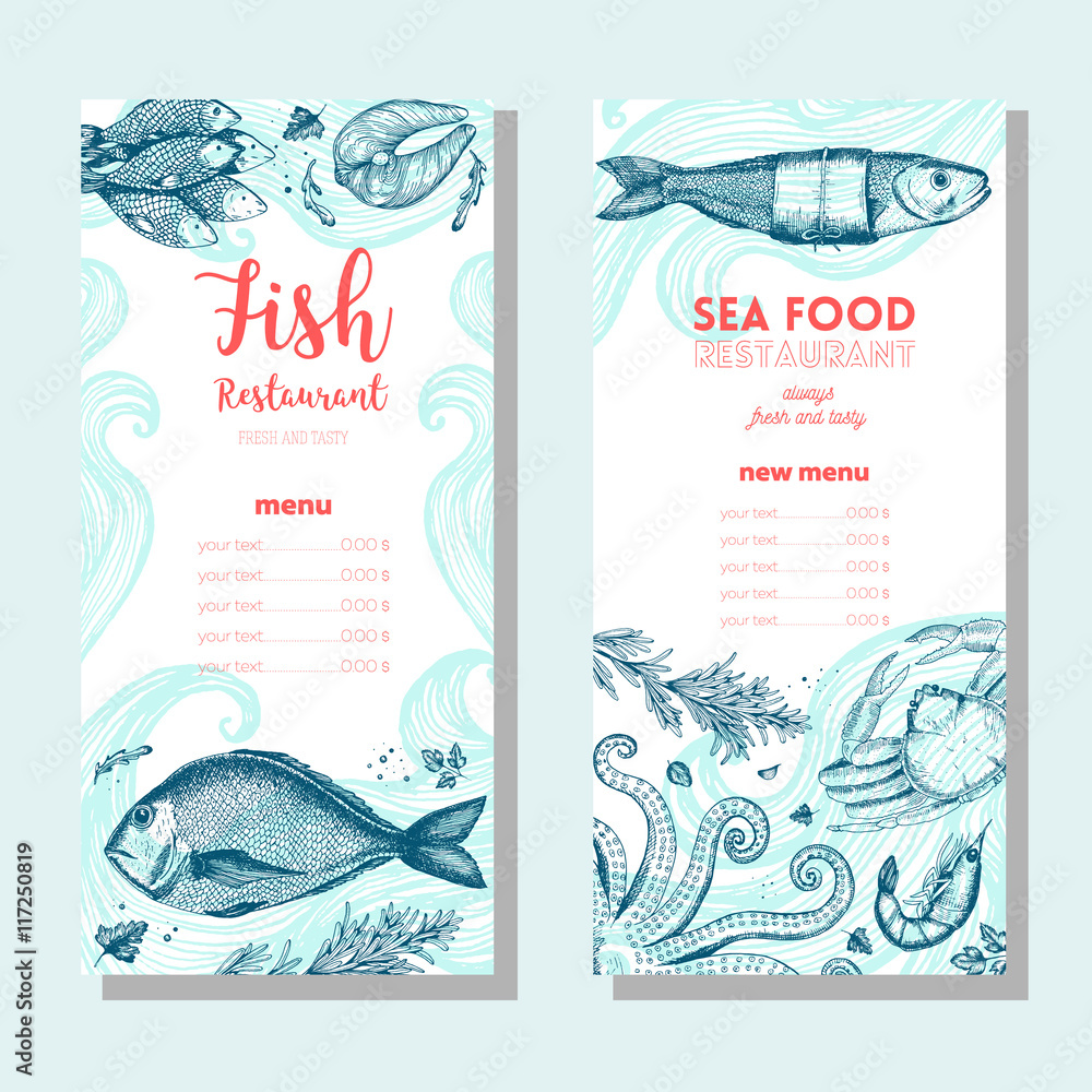 Seafood vintage design template. Vertical banners set. Vector ...