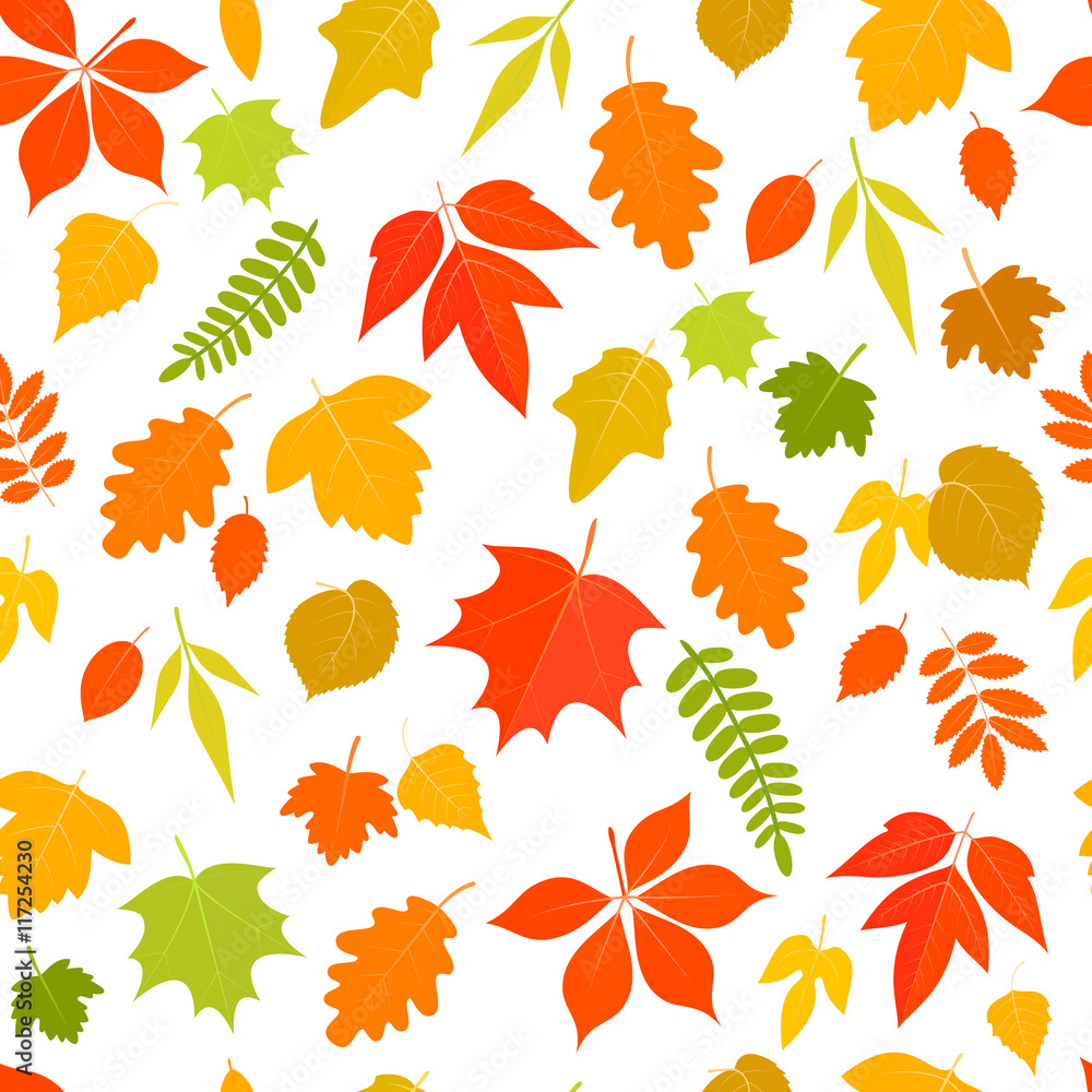 Seamless pattern of colorful cartoon autumn leaves on a white ...