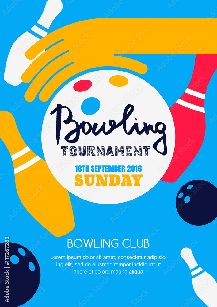 Vector bowling tournament banner, poster or flyer design template. Flat ...
