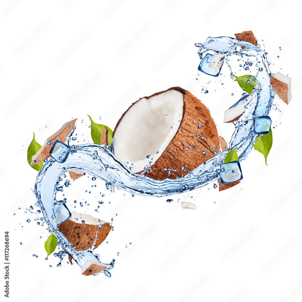 Coconuts in water splash on white background Stock Photo | Adobe Stock