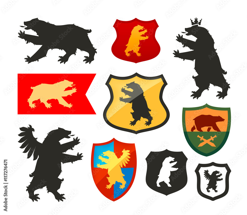 Shield with bear vector logo. Coat of arms, heraldry set icons Stock ...