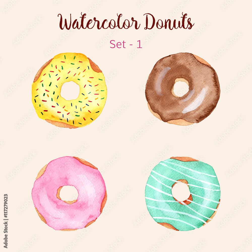 Watercolor donut set isolated on a light background. Hand painted ...