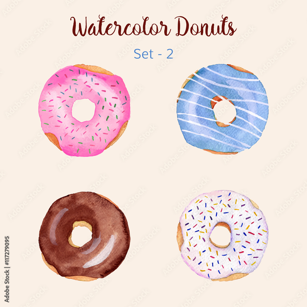 Watercolor donut set isolated on a light background. Hand painted ...