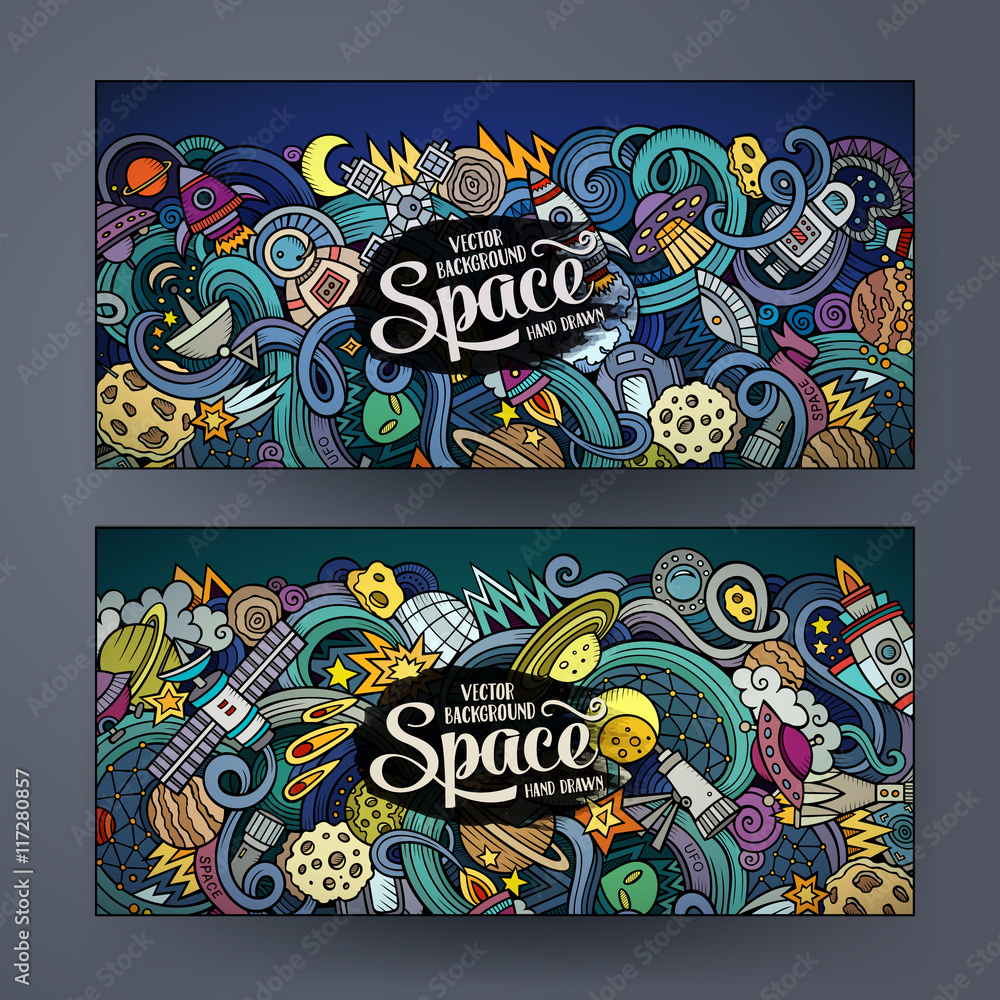 Cartoon cute doodles hand drawn space banners Stock Vector | Adobe Stock