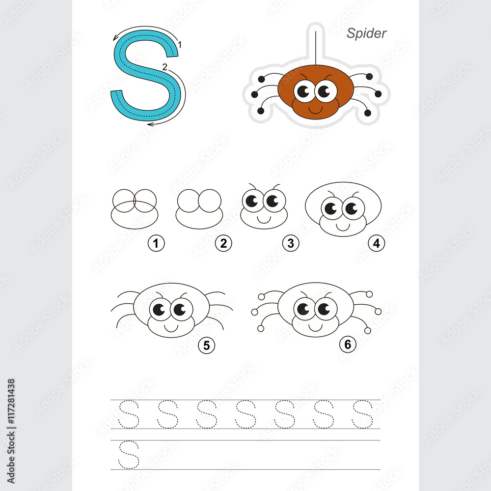 Drawing tutorial. Simple game for letter S. The spider. Stock Vector ...