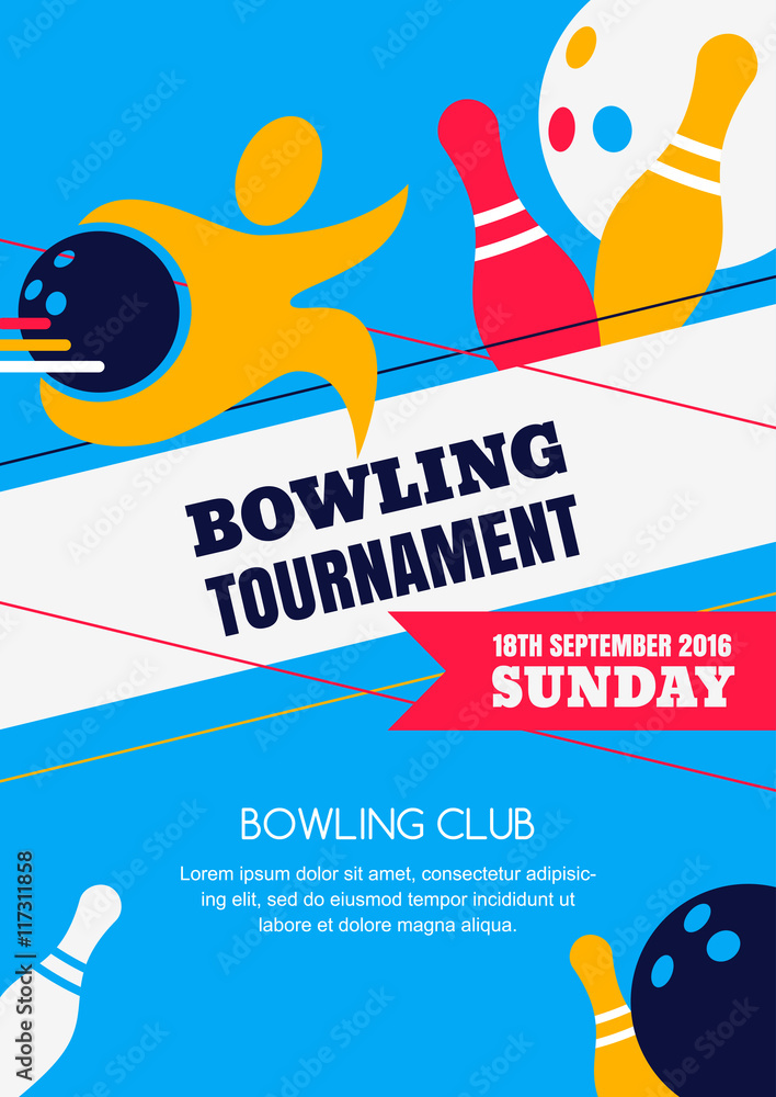 Vector bowling tournament banner, poster or flyer design template. Flat ...