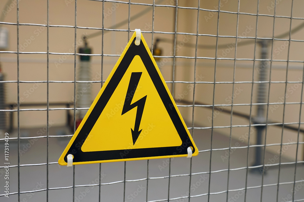 Sign of electrical hazards are yellow with black lightning Stock Photo ...