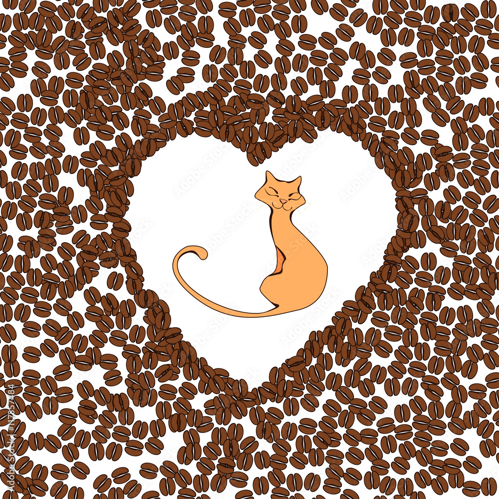 Cute cat in the heart of the coffee beans Stock Vector | Adobe Stock
