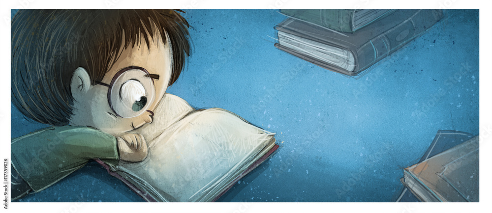 niño leyendo libros tumbado Stock Illustration | Adobe Stock