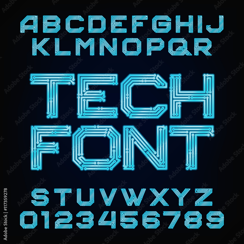 Tech font. Vector Alphabet. Digital hi-tech style letters and numbers ...