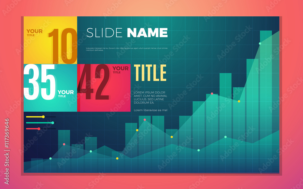 Bright contrast colors infographic set with progress chart, boxes, text ...