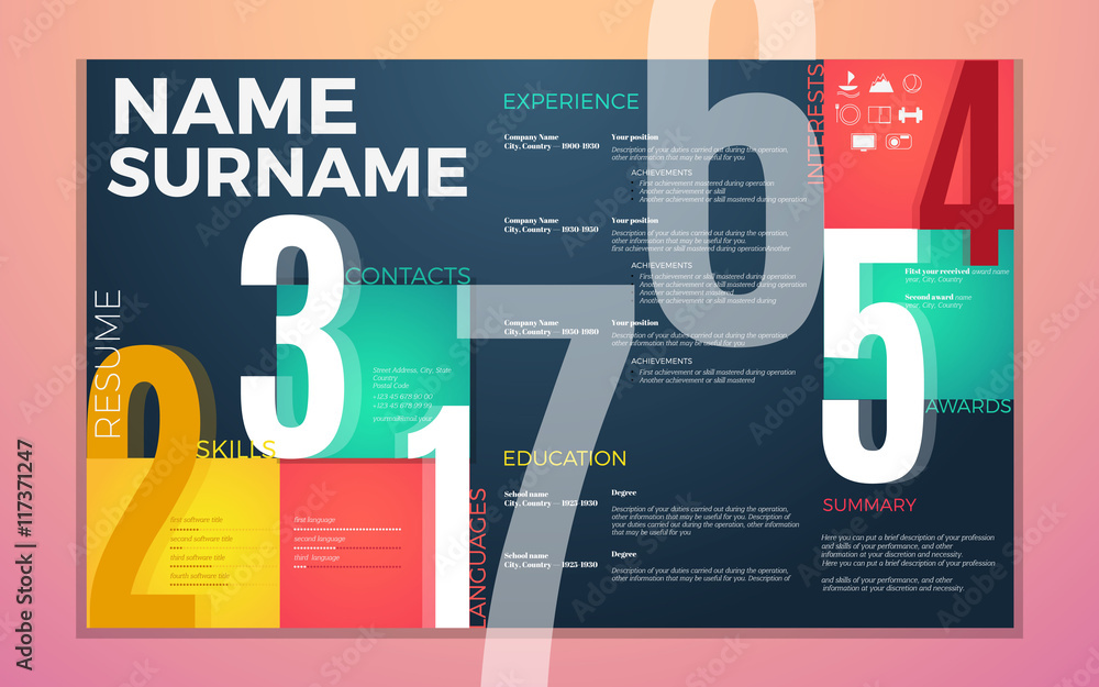 modern cv resume template. Bright contrast colors infographic with ...