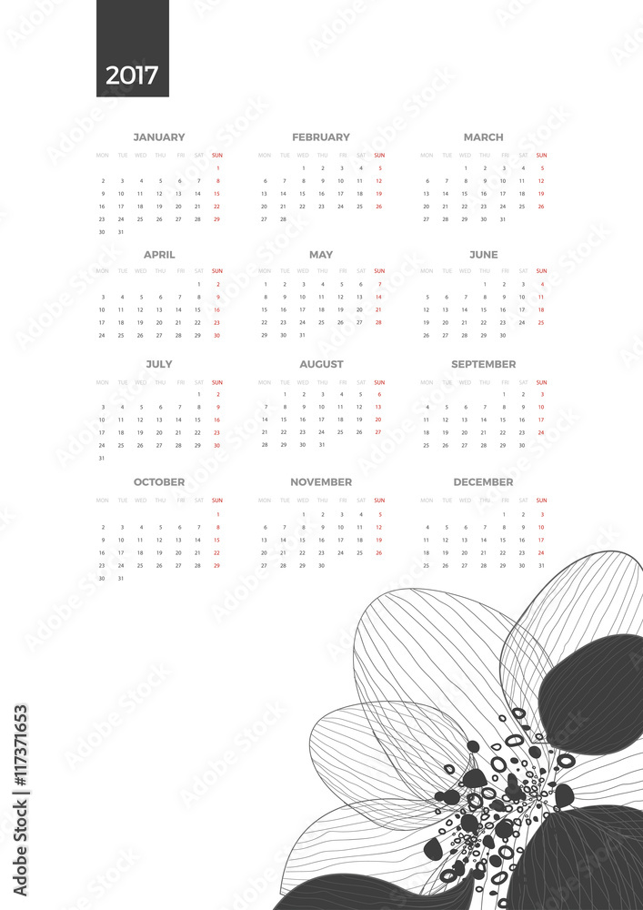 Bright Modern white vertical Calendar for 2017. Week Starts Monday ...