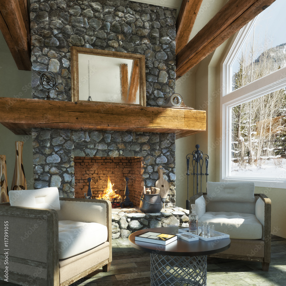 Luxurious open floor cabin interior design with roaring fireplace and ...