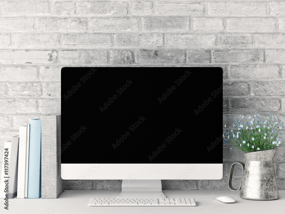 Mock up PC Screen, gray brick background, 3d rendering Illustration ...
