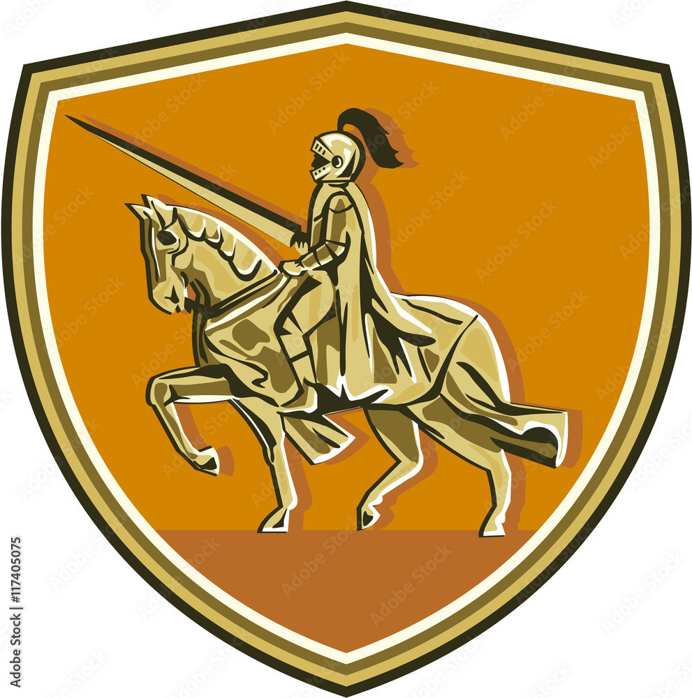 Knight Riding Steed Lance Shield Retro Stock Vector | Adobe Stock