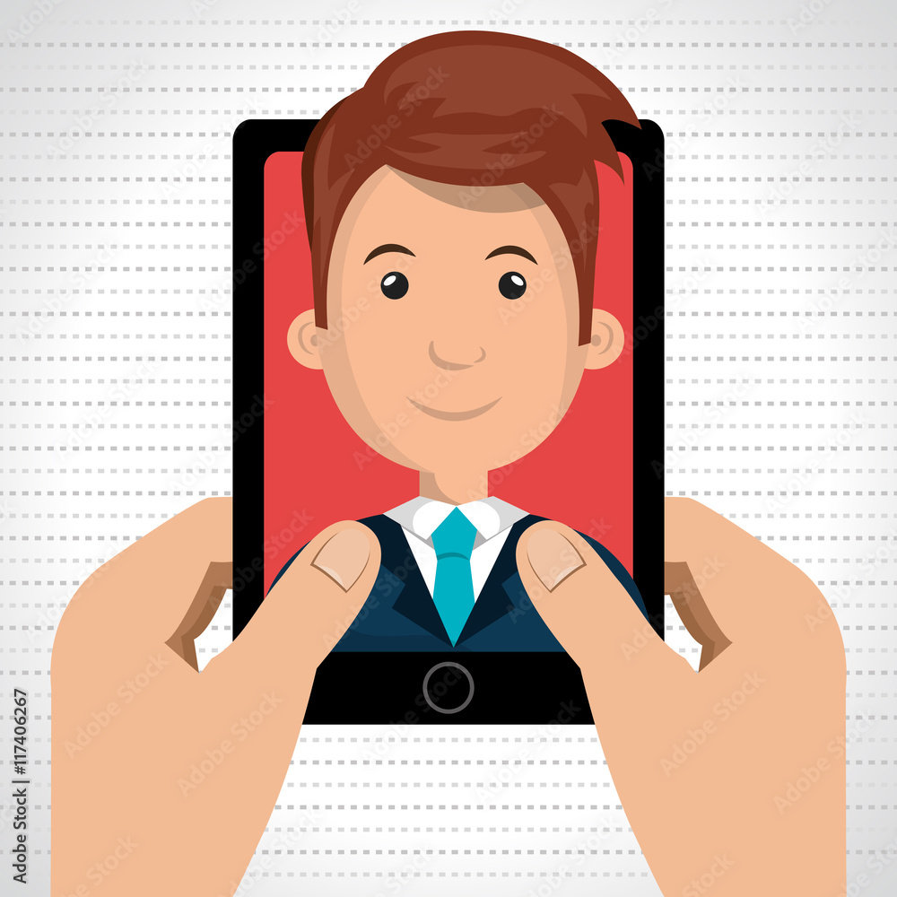 cartoon hands holding smartphone with a cartoon man in the scree Stock ...