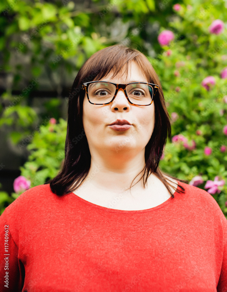 Pretty Modern Mature Fat Woman Outside Wearing Glasses Emotional