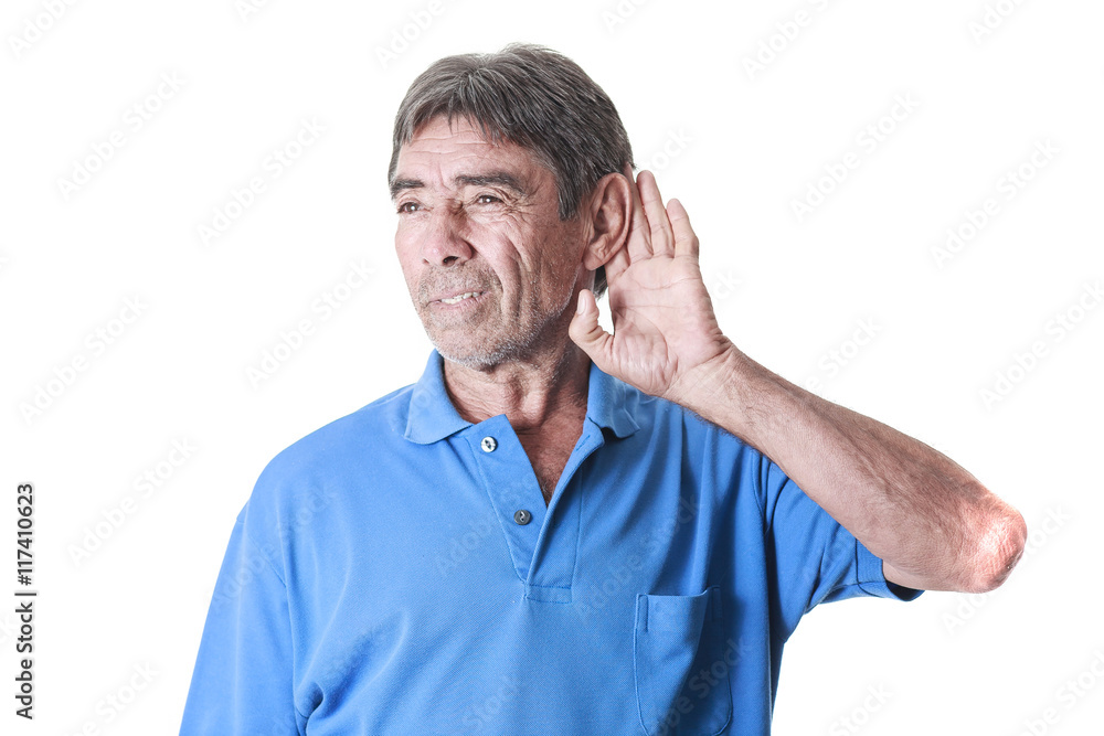 Portrait of old man placing hand on the ear, hearing loss Stock Photo ...