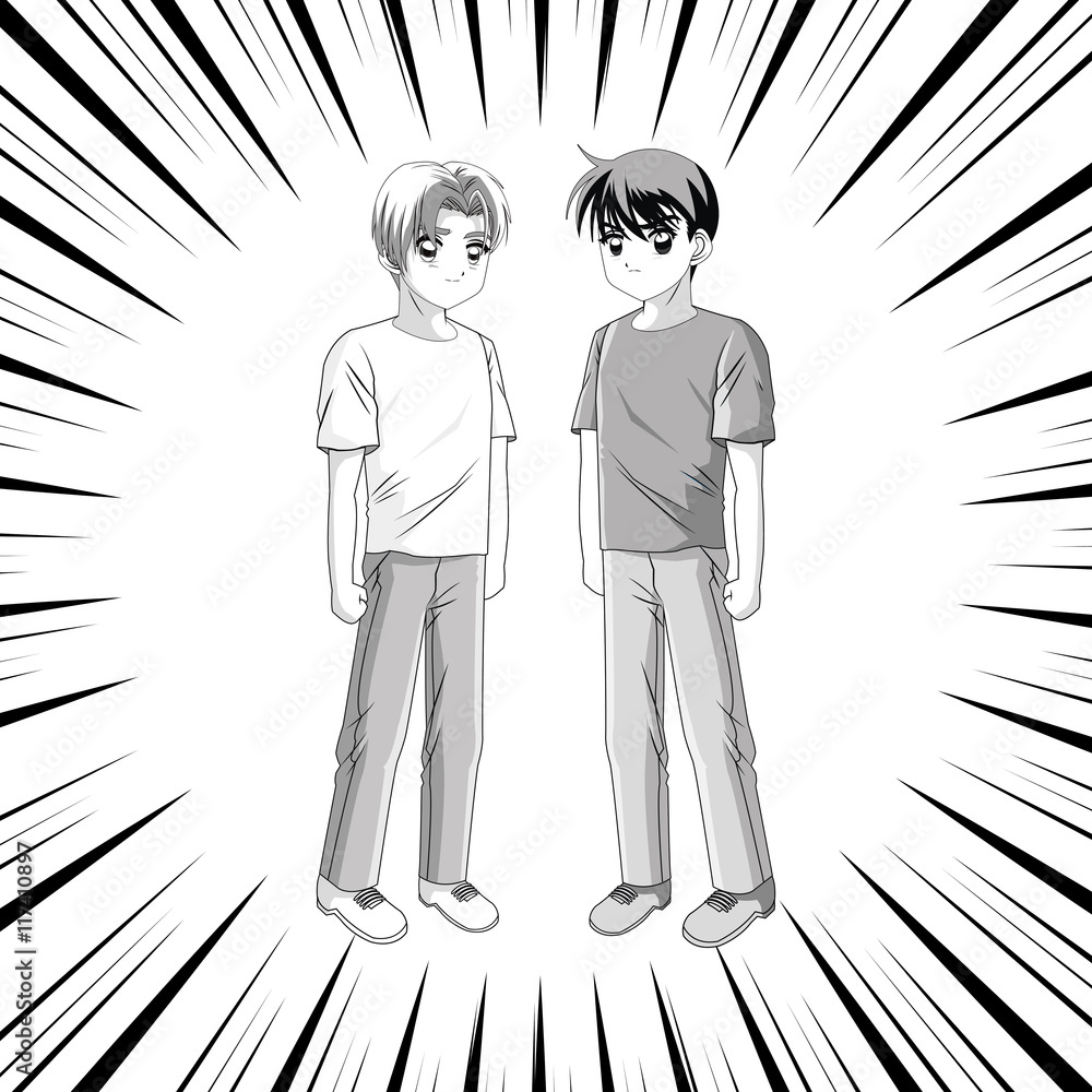 Boy anime male manga cartoon comic striped icon. Grey back and white ...