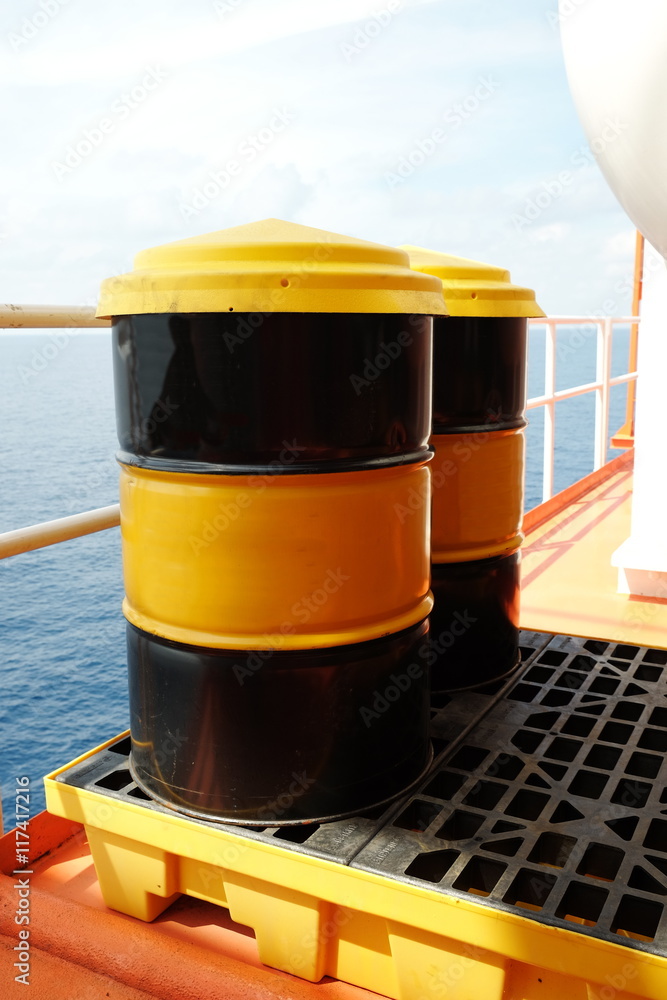 Oil Drum with cover and tray on oil and gas platform. Stock Photo ...