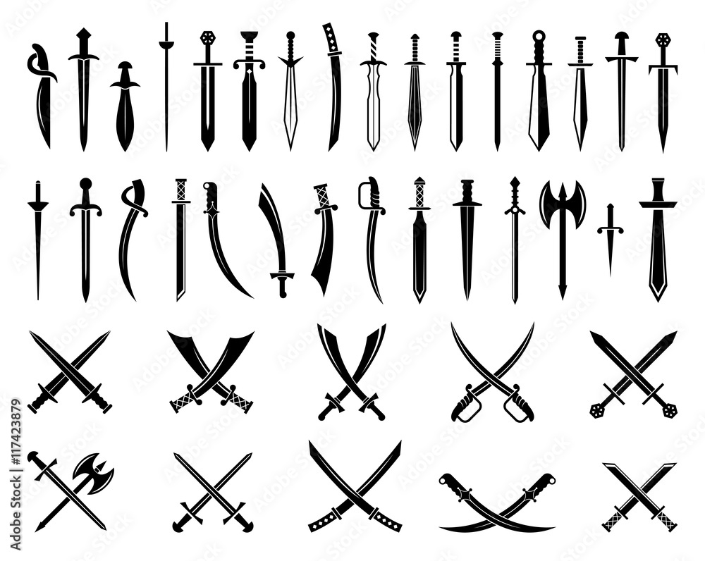 Sword icons set. Vector Ancient swords signs and crossed pictograms ...